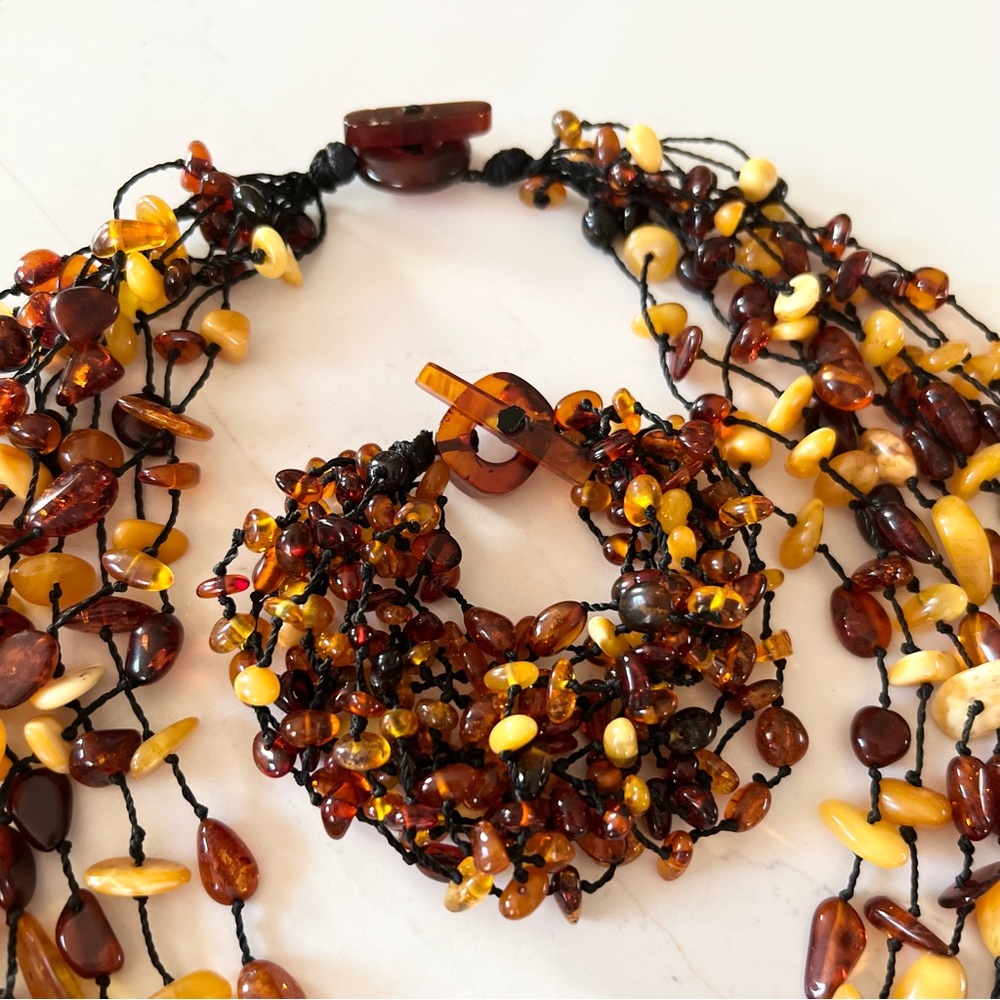 Antique Multi Layered Baltic Amber Necklace + Matchin… - Gem